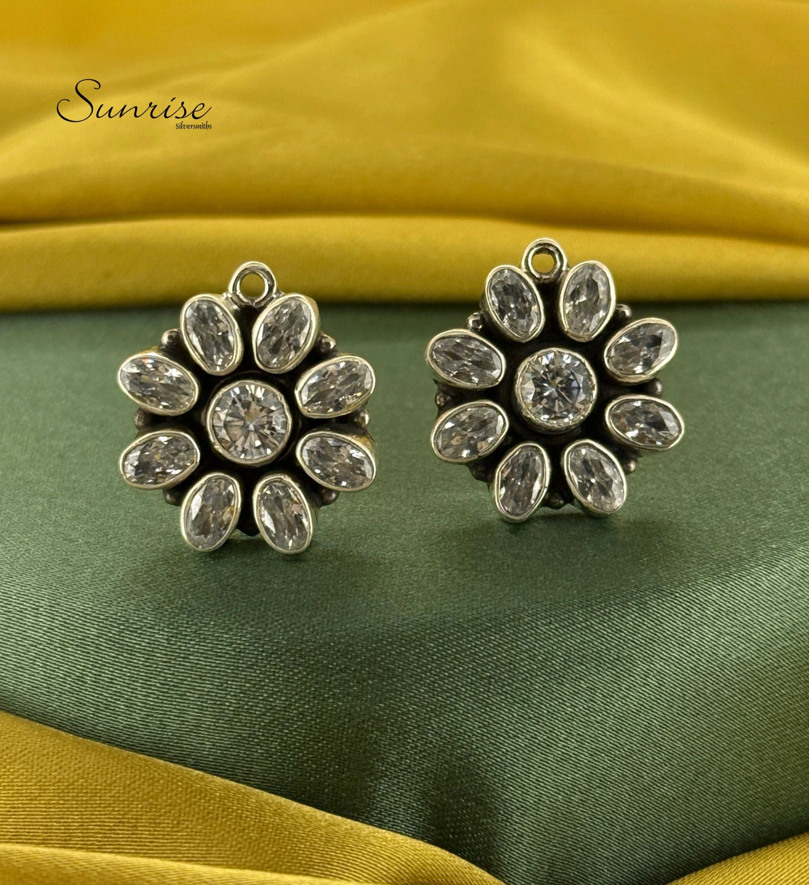 White Cut Stone Floral Studs - Elegant Silver Jewelry – Sunrise ...